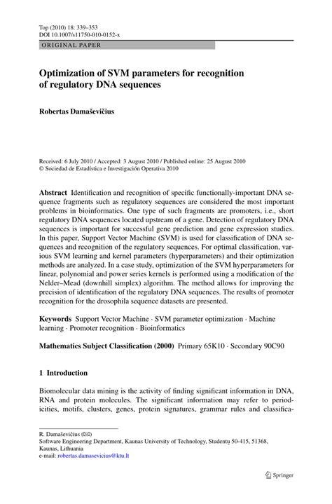 Pdf Optimization Of Svm Parameters For Recognition Of Regulatory Dna
