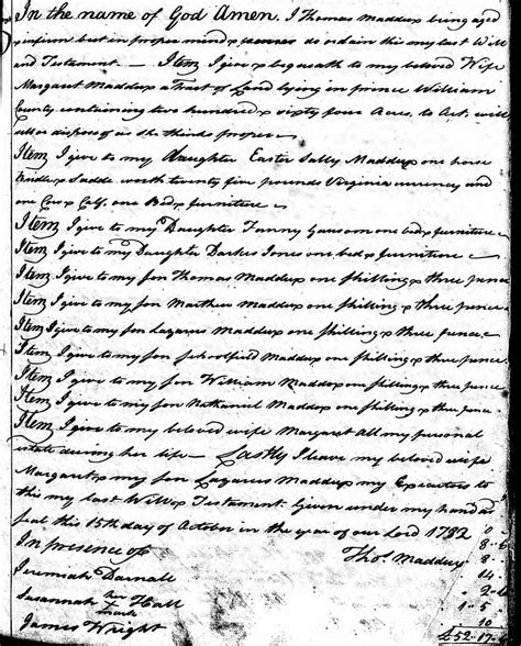 Will Of Thomas Maddux Dated Oct In Fauquier Virginia