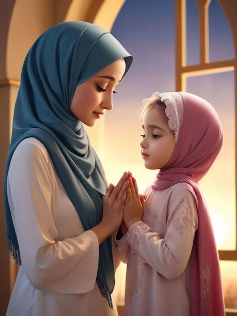 In The Evening Mother And Daughter Wearing Hijab Are Praying Premium