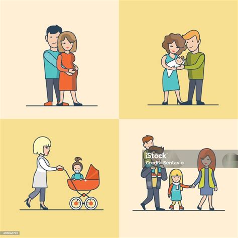 어린이 또는 유모차 남자의 포옹 벡터 일러스트 레이 션에서 임신 한 여자와 야외 산책 선형 플랫 가족 캐주얼 라이프 육아 컨셉