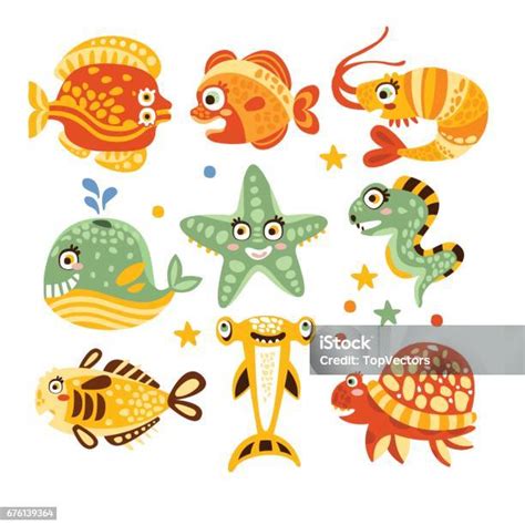 물고기 식물 해양 생물과 만화 수중 세계 다채로운 문자 벡터 일러스트의 수중 세계 세트 귀여운에 대한 스톡 벡터 아트 및 기타 이미지 Istock