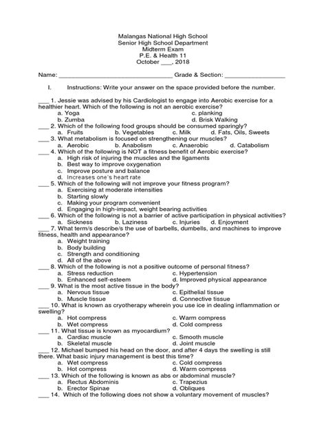 P E And Health Final Exam Download Free Pdf Physical Fitness