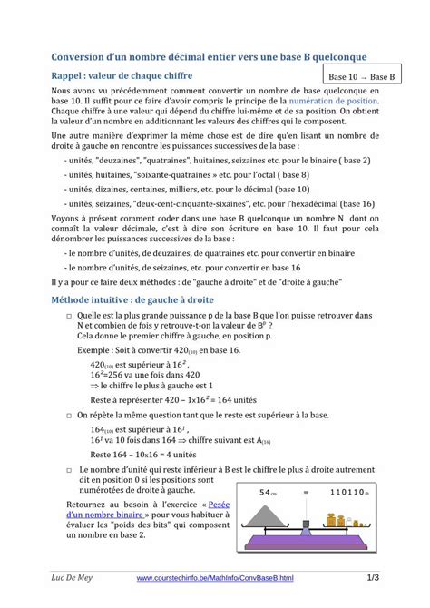 Pdf Conversion Dun Nombre Décimal Entier Vers Une Base … · Concernent Le Binaire Et L