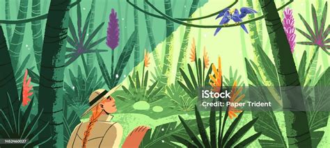 정글 숲 녹색 식물 나무가 있는 자연 풍경 사람은 탐험하고 열대 우림을 여행하고 울창한 아마존 숲 모험을 떠납니다 열대 파노라마 이국적인 환경 평면 벡터 그림 우림에 대한