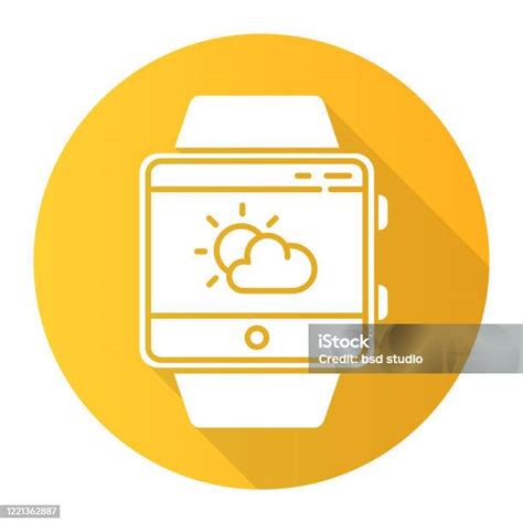 일기 예보 스마트 워치 기능 오렌지 플랫 디자인 긴 그림자 문일 표시 아이콘 피트니스 팔찌 대기의 현재 상태입니다 온도 습도 및 바람 벡터 실루엣 일러스트레이션 감지기에