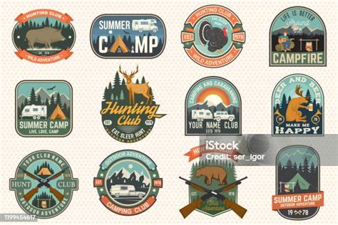 여름 캠프와 사냥 클럽 패치 벡터 셔츠 나 엠블럼 프린트 스탬프 패치에 대 한 컨셉 Rv 트레일러 캠핑 텐트 캠프 파이어 사냥꾼