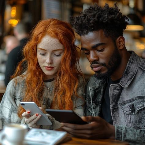 A Man And A Woman Are Looking At A Phone And They Are Looking At Their Phones Premium Ai