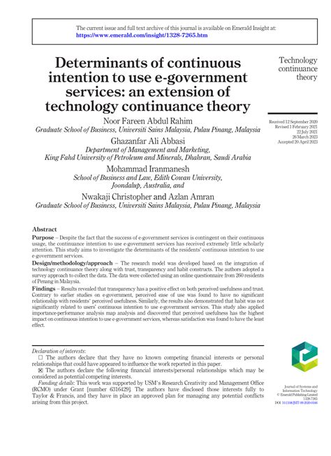 Pdf Determinants Of Continuous Intention To Use E Government Services An Extension Of