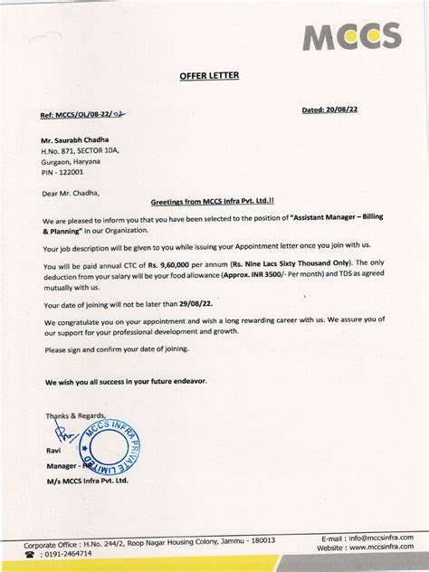Offer Letter Mr Saurabh Chadha Assistant Manager Billing And Planning Pdf