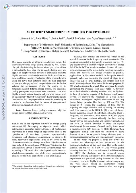 Pdf An Efficient No Reference Metric For Perceived Blur
