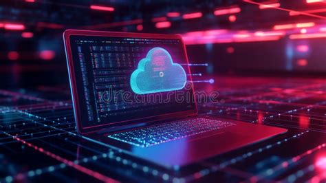 Cybersecurity Cloud Computing Digital Laptop Neon Lights Technology Network Data Secure Server