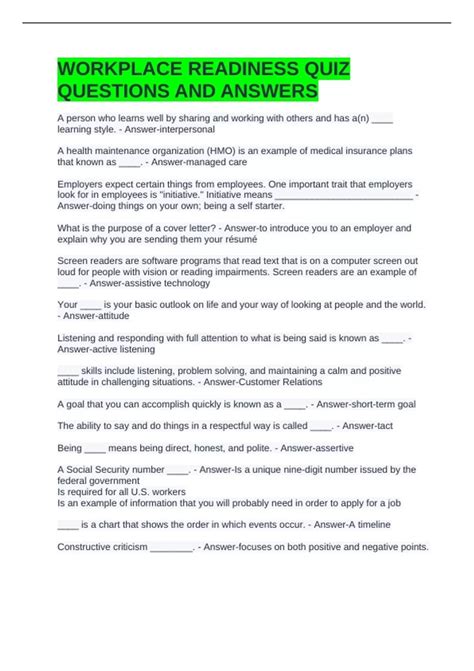 Workplace Readiness Quiz Questions And Answers Workplace Readiness Stuvia Us