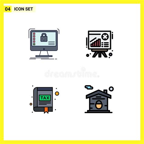 Set Of 4 Vector Filledline Flat Colors On Grid For Secure App System