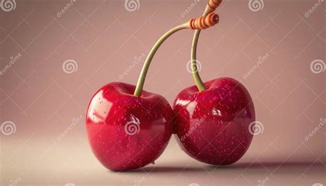 Two Shiny Red Cherries Connected By A Twist Photographed Against A