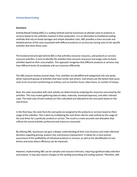 A4 Activity Based Costing Summary Activity Based Costing Summary