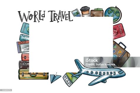 손으로 그리기 수채화 세계 여행 여름 방학 프레임 복사 공간 템플릿 배경 카드 포스터 엽서 배경 인쇄 초대에 사용 비행기에 대한 스톡 벡터 아트 및 기타 이미지 Istock