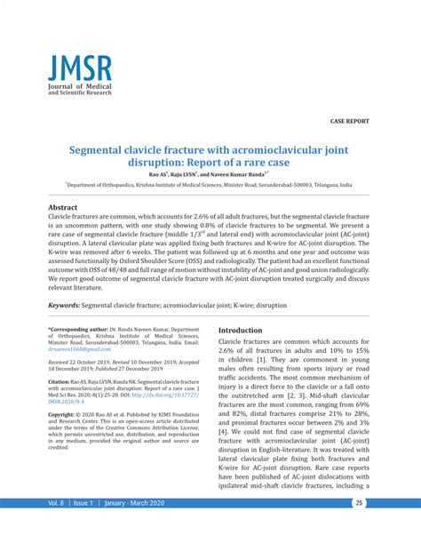 Pdf Segmental Clavicle Fracture With Acromioclavicular Joint Disruption Report Of A Rare Case