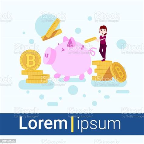 여자 캐릭터에 게 Bitcoins 돼지 상자 돈 성장 여성 템플릿 디자인 작업 및 애니메이션에 대 한 흰색 배경 전체 길이 복사본 공간에 광업에 대한 스톡 벡터 아트 및
