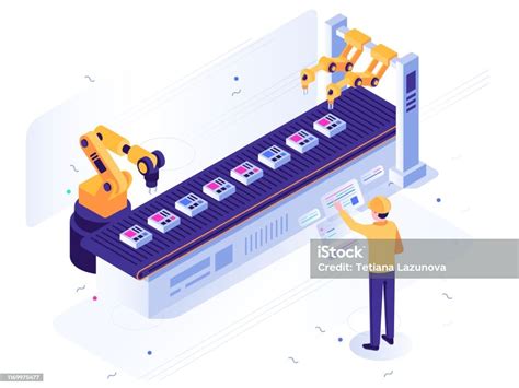 아이소메트릭 로봇 공장 엔지니어는 로봇 컨베이어 자동 로봇 팔 및 산업 제조 벡터 일러스트레이션을 운영합니다 등측투영법에 대한