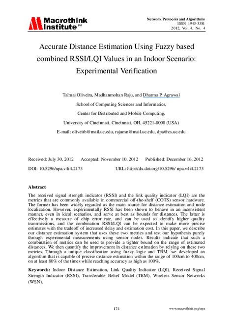 Pdf Accurate Distance Estimation Using Fuzzy Based Combined Rssi Lqi