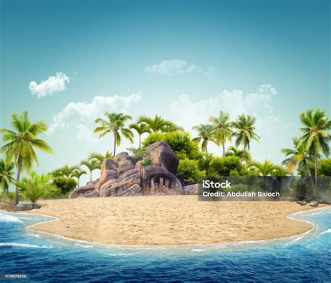 고립된 섬 낙원의 3d 그림입니다 해변 모형 배경에 아름 다운 풍경 여행 광고입니다 0명에 대한 스톡 사진 및 기타 이미지