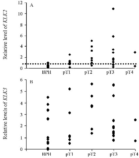 Relative expression of KLK2 (A) and KLK3 (B) genes in patients ...