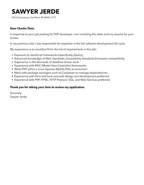 PHP Developer Cover Letter Velvet Jobs