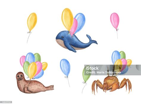 귀여운 고래 물개 흰 배경에 격리된 풍선이 있는 게가 있는 수채화 바다 아기 섬유 벽지 보육 장식 카드 디자인 생일 장식에 적합 갈고리 발톱에 대한 스톡 벡터 아트 및 기타
