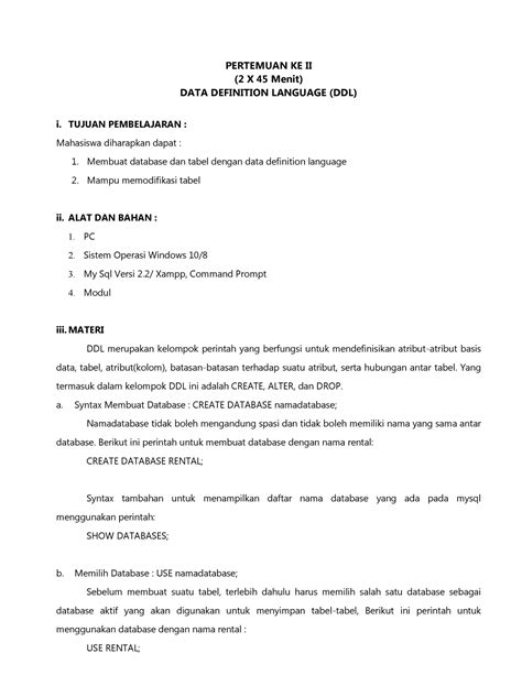 Modul SBD I Data Definition Language DDL PERTEMUAN KE II 2 X 45 Menit DATA DEFINITION