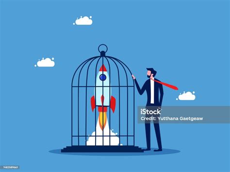 비즈니스 통제와 새로운 것을 추구할 자유의 부족 사업가는 새장에 로켓을 보관합니다 개발에 대한 스톡 벡터 아트 및 기타 이미지 개발 과학 교도소 Istock