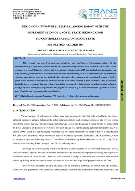 pdf design of a two wheel self balancing robot with the