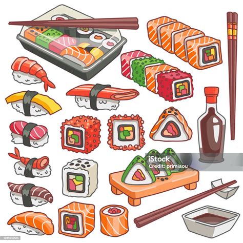 화려한 초밥과 롤 세트 흰색 배경에 고립 된 만화 벡터 음식 그림 초밥에 대한 스톡 벡터 아트 및 기타 이미지 초밥 테이크아웃 음식 도시락 박스 Istock
