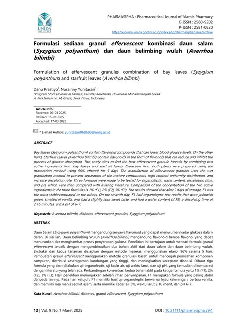 Pdf Formulasi Sediaan Granul Effervescent Kombinasi Daun Salam Syzygium Polyanthum Dan Daun