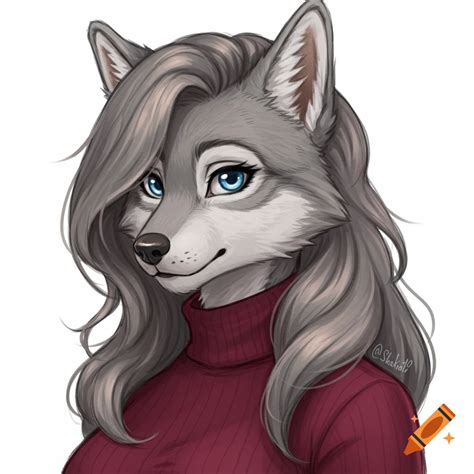 Anthro Gray Wolf Female With Long Wavy Hair In Colored Pencil Drawing