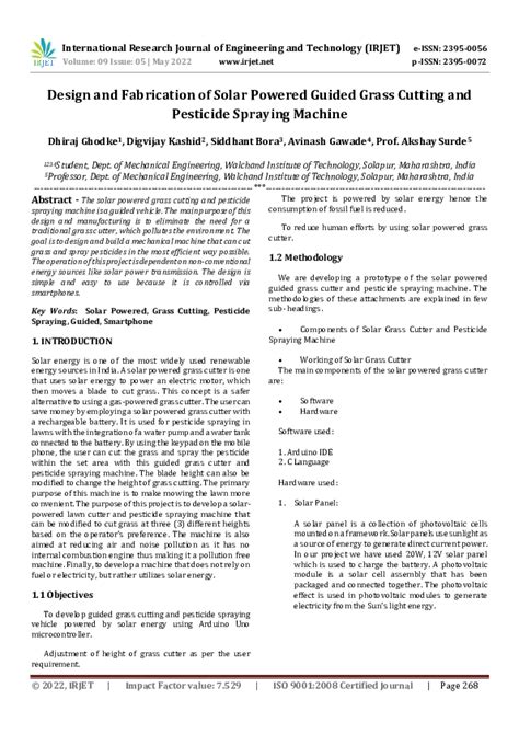 Pdf Design And Fabrication Of Solar Powered Guided Grass Cutting And Pesticide Spraying Machine