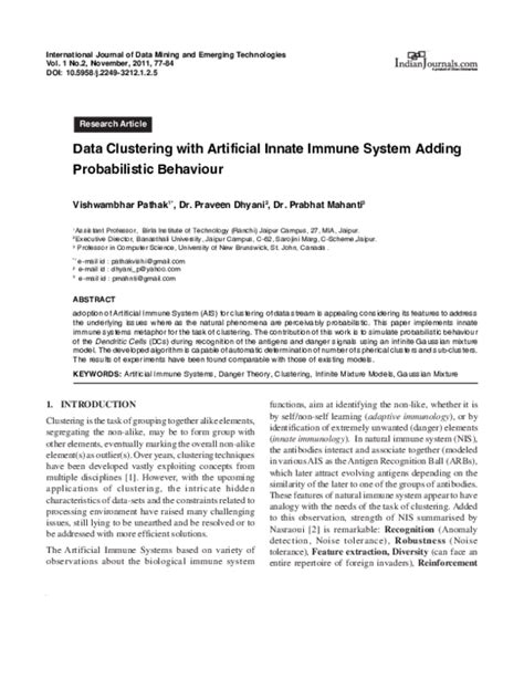 Pdf Data Clustering With Artificial Innate Immune System