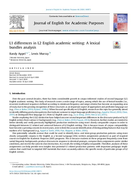 Pdf L1 Differences In L2 English Academic Writing A Lexical Bundles Analysis