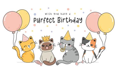 Grupo De Cuatro Lindos Gatitos Felices De Cumpleaños Con Globos Pastel