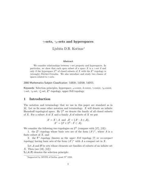 Pdf γ Sets γ K Sets And Hyperspaces