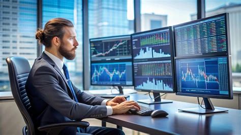 a man sits at a desk with a computer and a graph showing the financial
