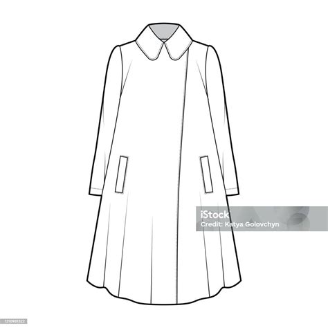 긴 소매 라운드 라펠 칼라 오버사이즈 사다리꼴 바디 무릎 길이가 있는 텐트 코트 테크니컬 패션 일러스트 0명에 대한 스톡 벡터