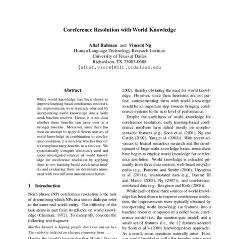 Coreference Resolution With World Knowledge Acl Anthology