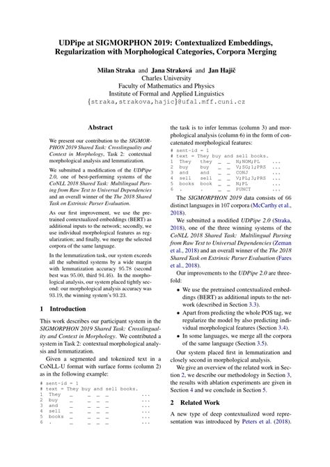 Pdf Udpipe At Sigmorphon 2019 Contextualized Embeddings