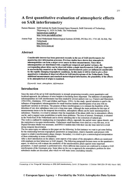 Pdf A First Quantitative Evaluation Of Atmospheric Effects On Sar Interferometry