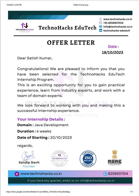 Satish Kumar On Linkedin Technohacks Internshipoffer Techenthusiast