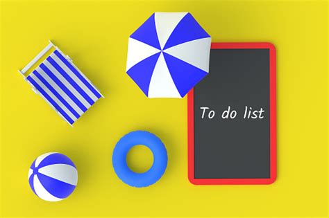 해변 의자 우산 공 구명 부표 근처의 칠판에 목록을 작성하는 비문 여름 방학 여행 개념 관광 투어 3d 렌더링 3차원 형태에