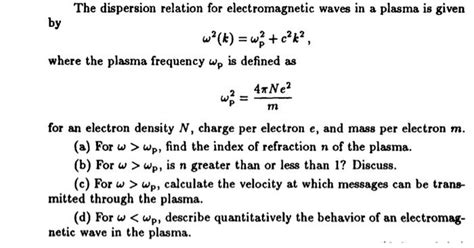 Solved The Dispersion Relation For Electromagnetic Waves In
