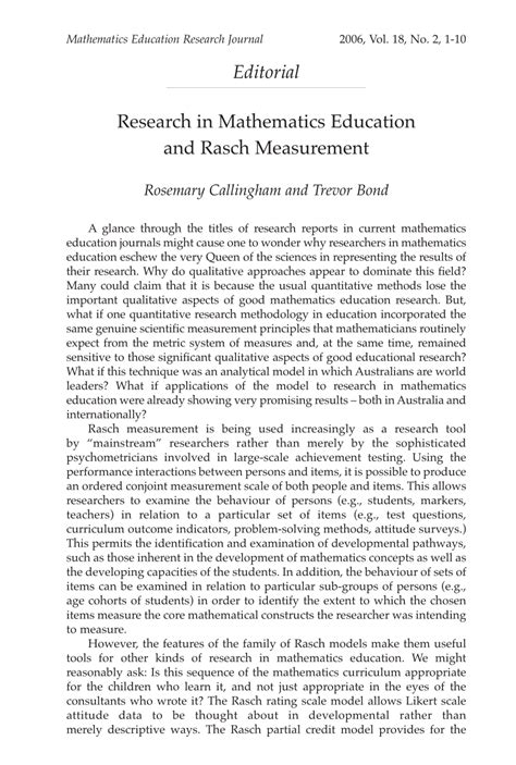 Pdf Research In Mathematics Education And Rasch Measurement