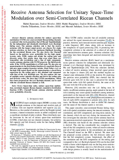 Pdf Receive Antenna Selection For Unitary Space Time Modulation Over Semi Correlated Ricean