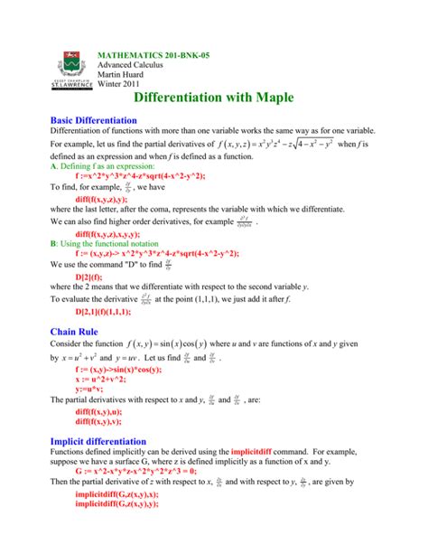 Maple Differentiation Advanced Calculus Lecture Notes